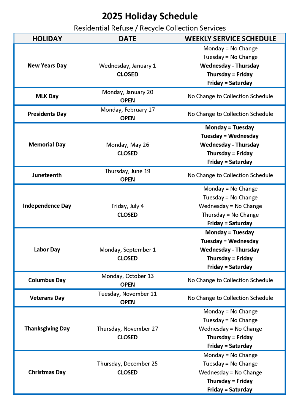 Recycle Trash Schedule